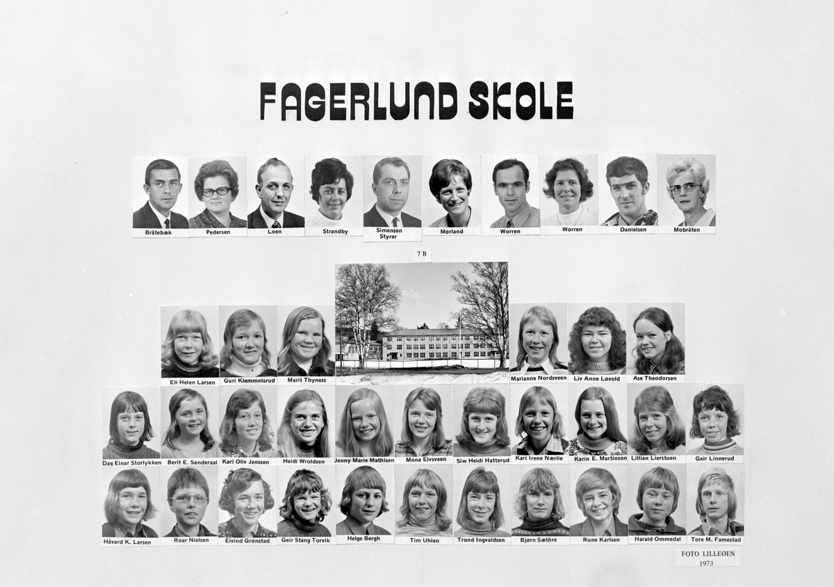 Fagerlund skole, Brumunddal, 7. B klasse. 1 rekke f.v. Håvard K. Larsen ...