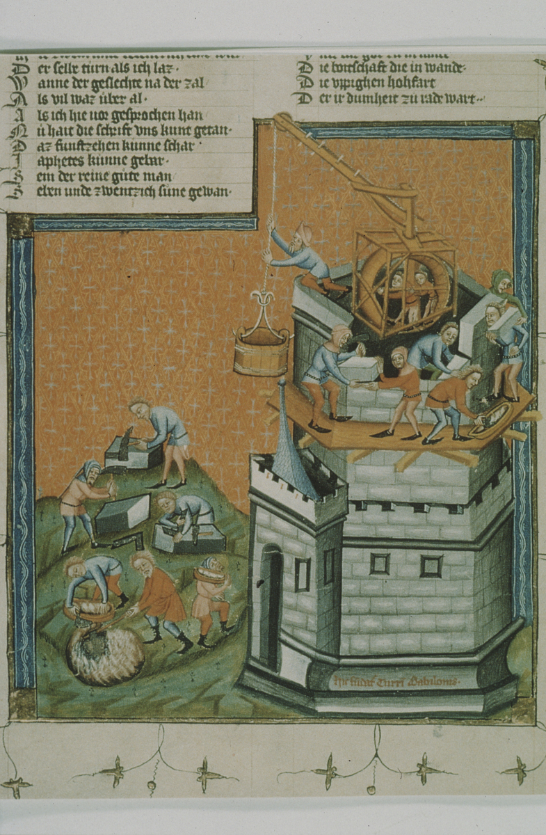 Illustrasjon av arbeidet i ei bygghytte frå mellomalderen. Kopi frå ...