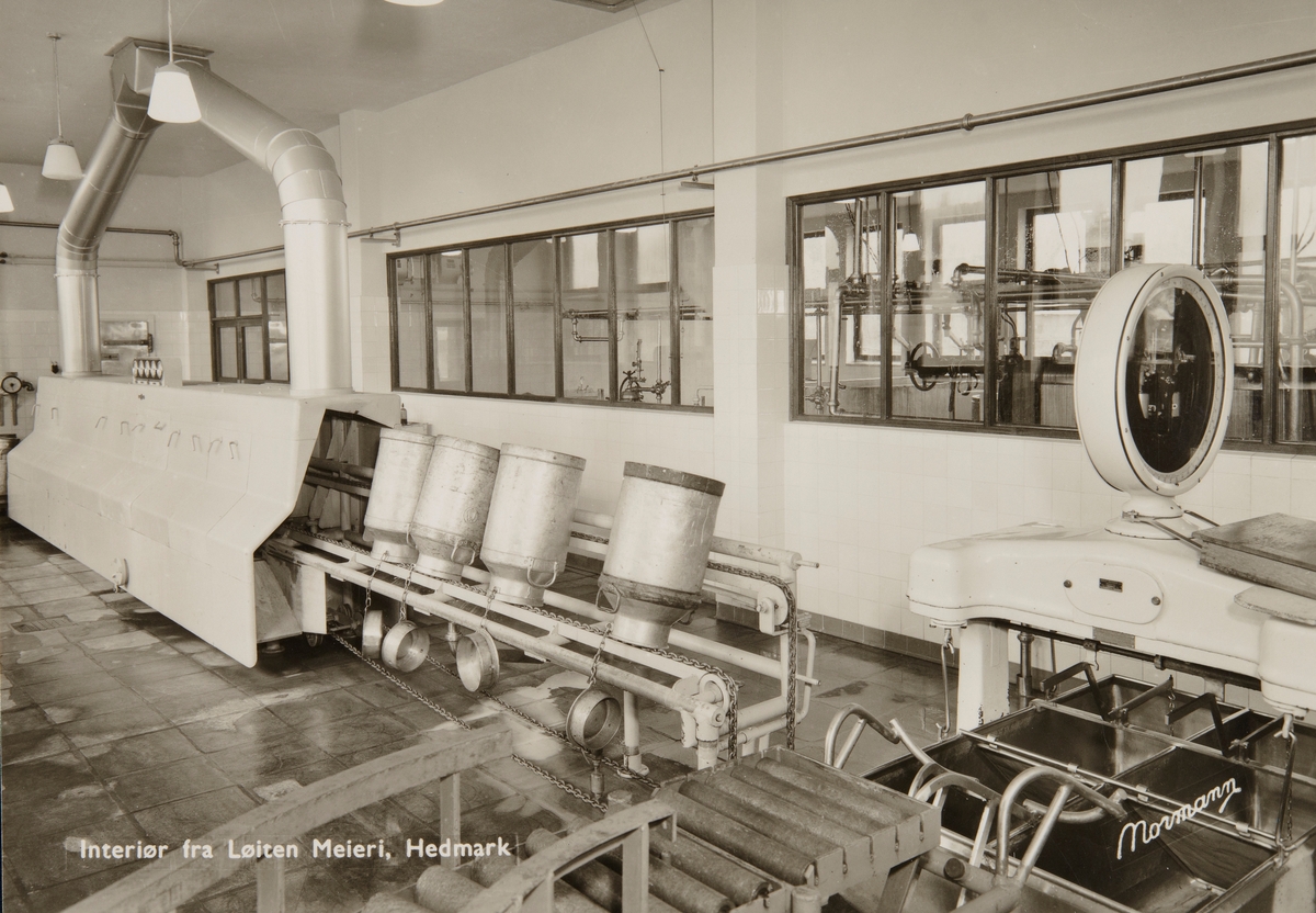 Postkort, Løten, interiør Løiten Meieri, produksjonslokaler, meiriet ...