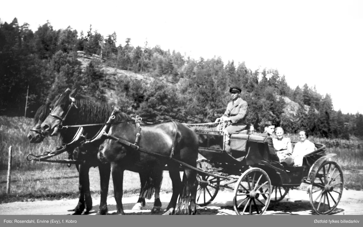 Hestekjøretøy med passasjerer på Tomb i Råde 1939-40. Kusken er Leif ...