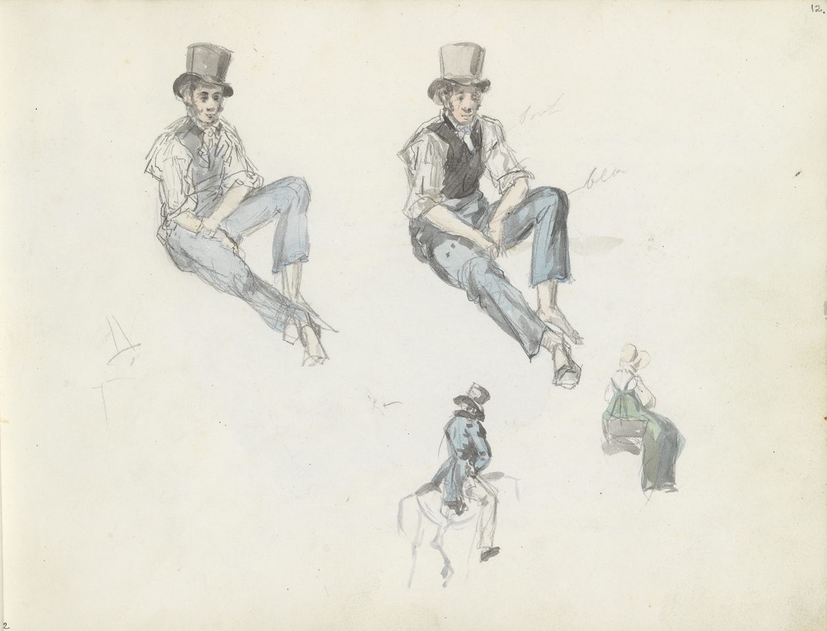Sittende mann; ridende kvinne og mann [Tegning] - Nasjonalmuseet ...