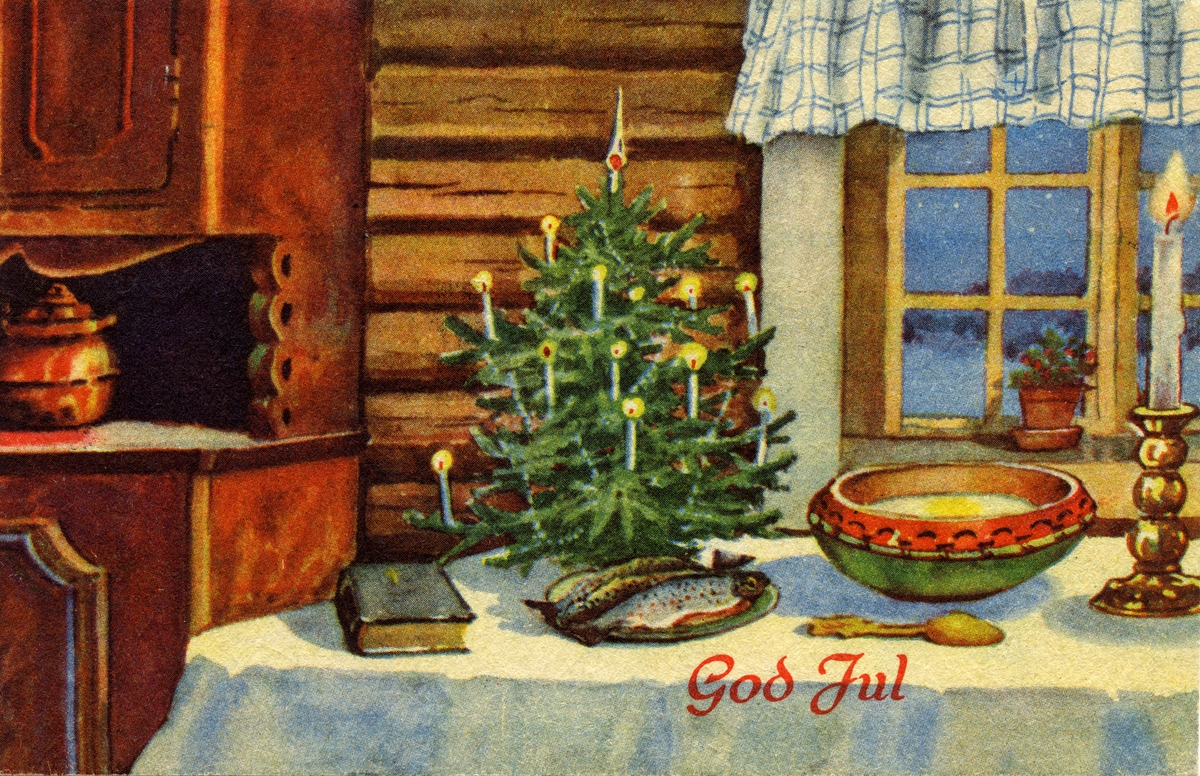 Julekort. Jule- og nyttårshilsen. På et bord er det et lite juletre, en ...