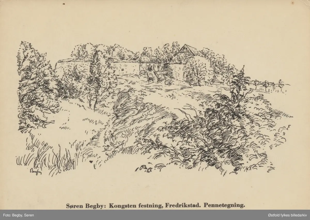 Søren Begby: Kongsten festning, Fredrikstad. Pennetegning. - Østfold ...